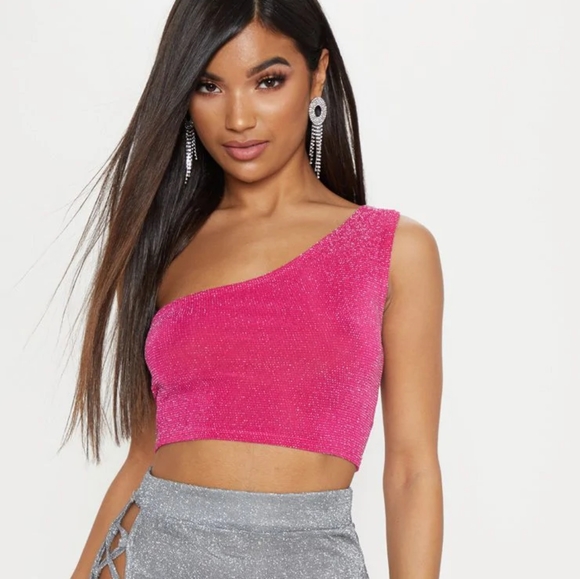 PrettyLittleThing | Tops | Plt Pink Glitter One Shoulder Crop | Poshmark